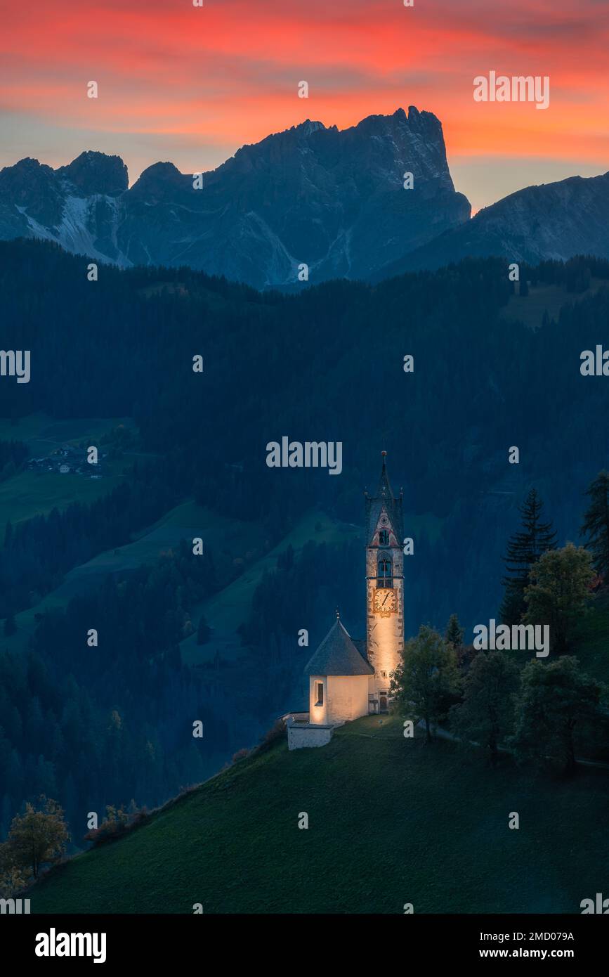 Small church in the mountain at sunset and night, Chiesa di Santa ...