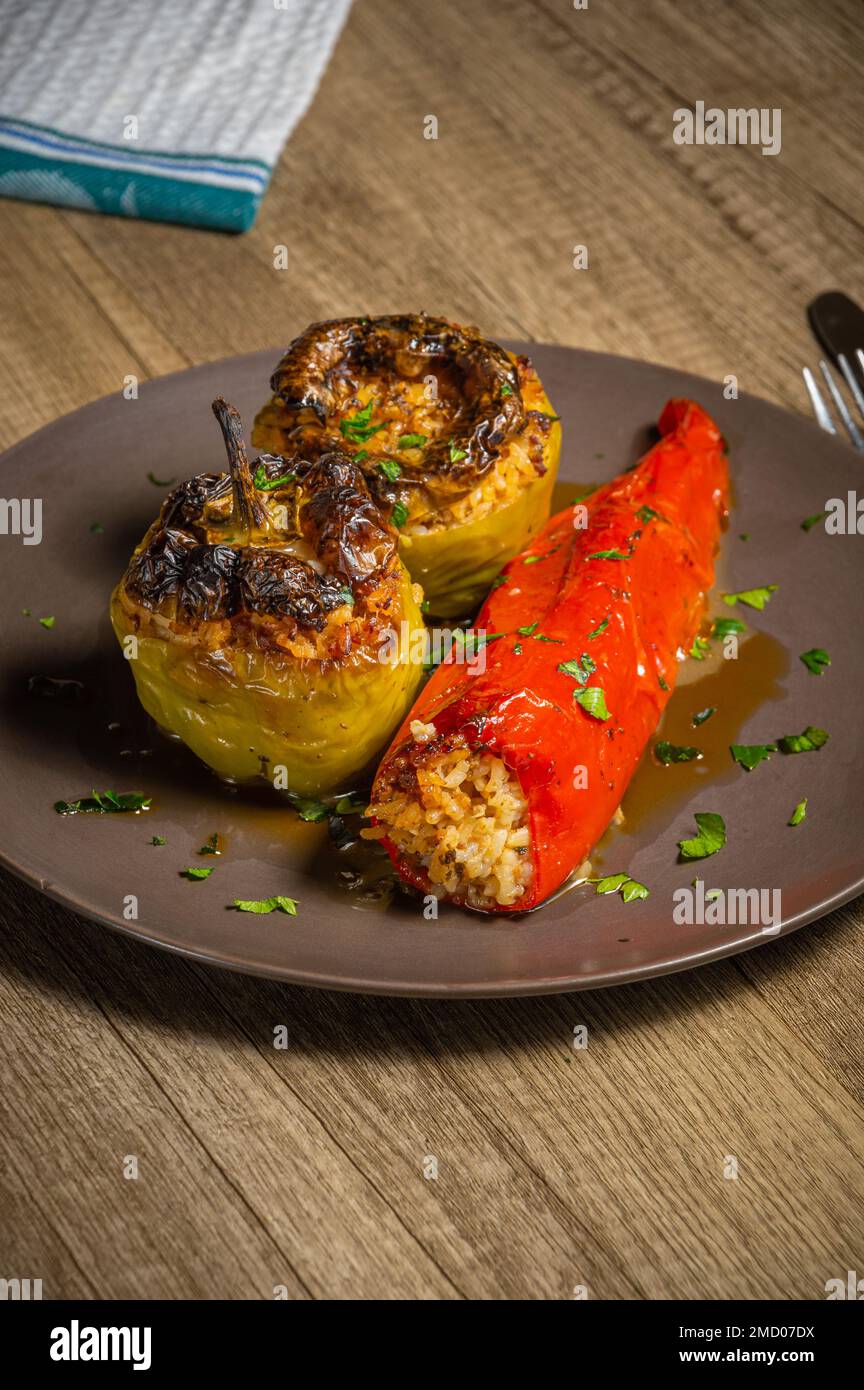 Greek traditional gemista, stuffed peppers with meat and rice Stock ...