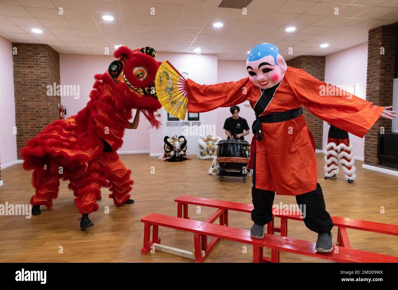 Members of the World Eagle Claw Association UK Lion Dance Team rehearse ...