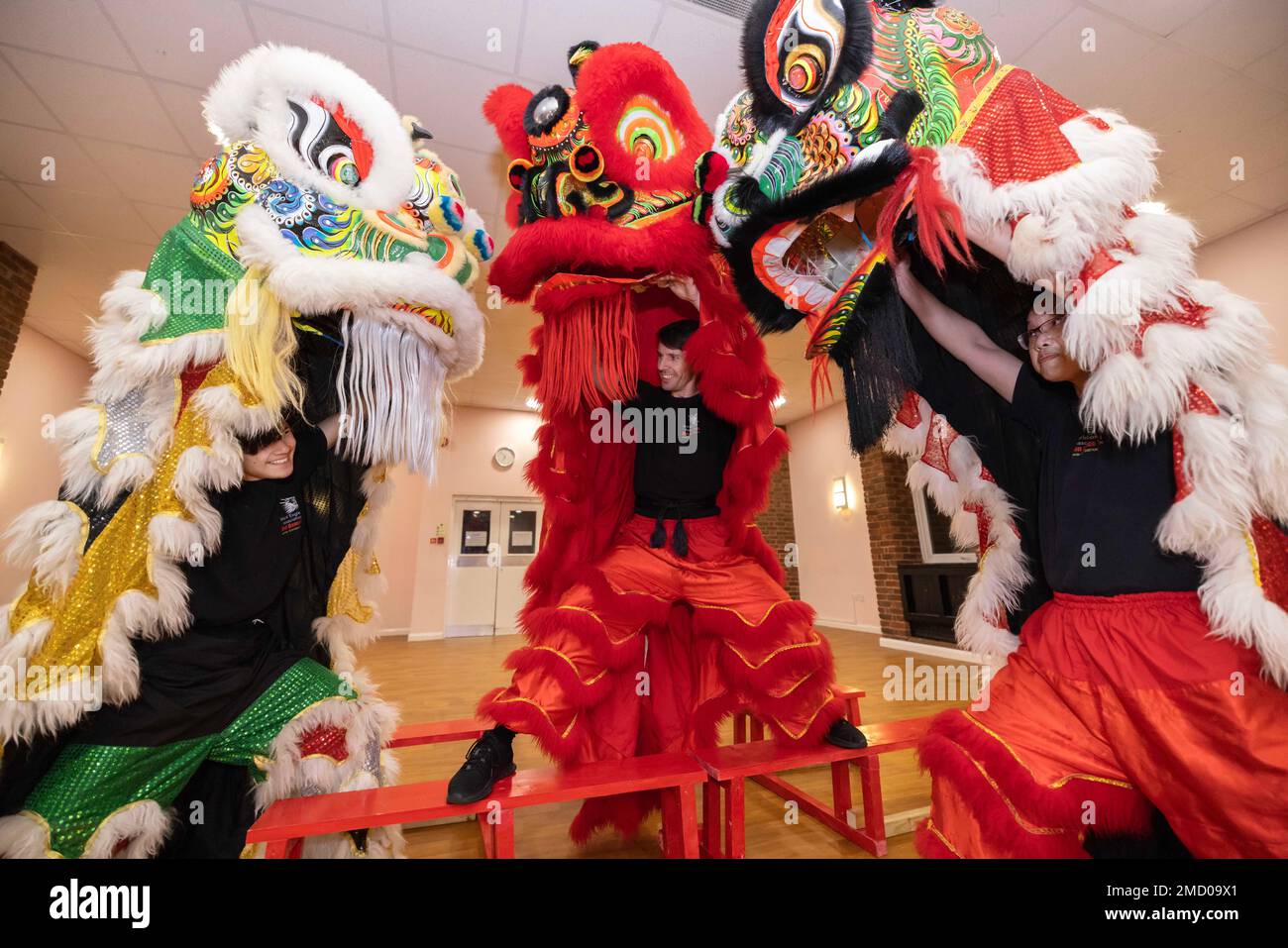 Members of the World Eagle Claw Association UK Lion Dance Team rehearse ...