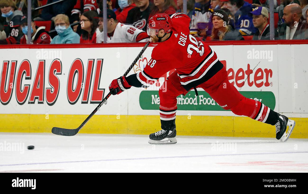 Carolina Hurricanes' Ian Cole (28) shoots the puck against the St ...