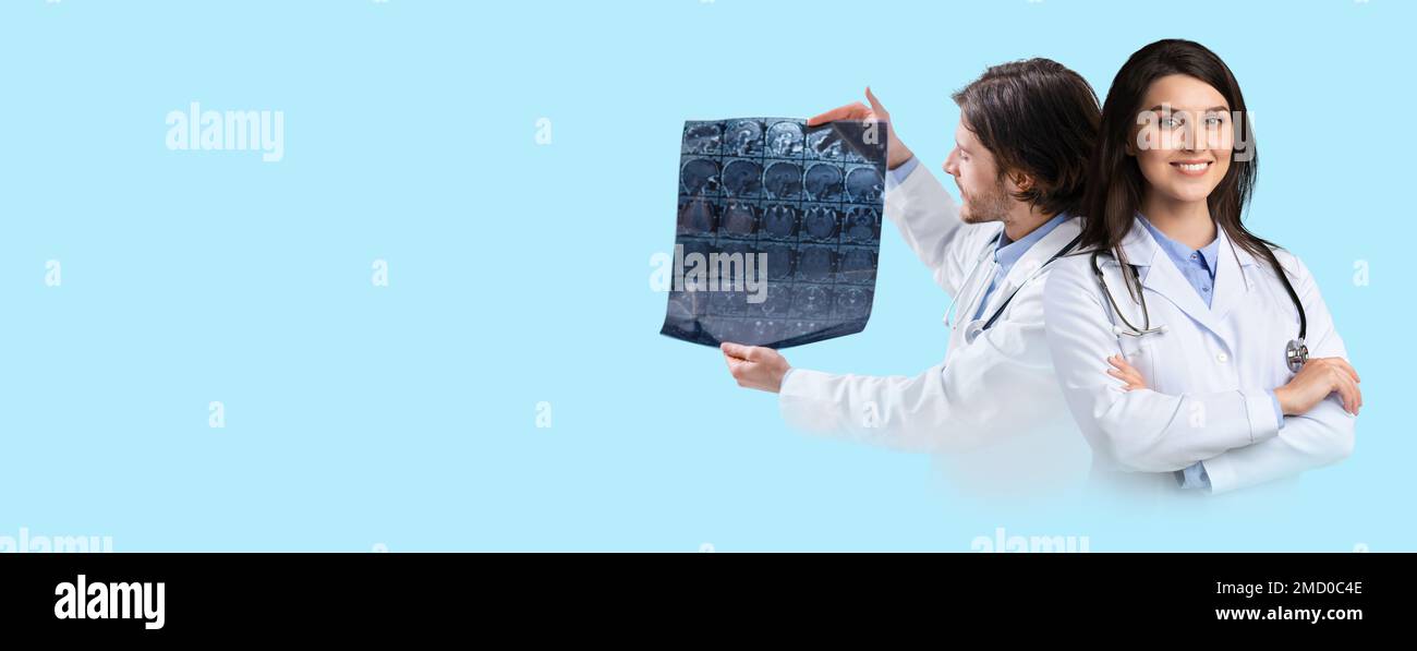 Friendly doctors team working on patient anamnesis, blue background ...