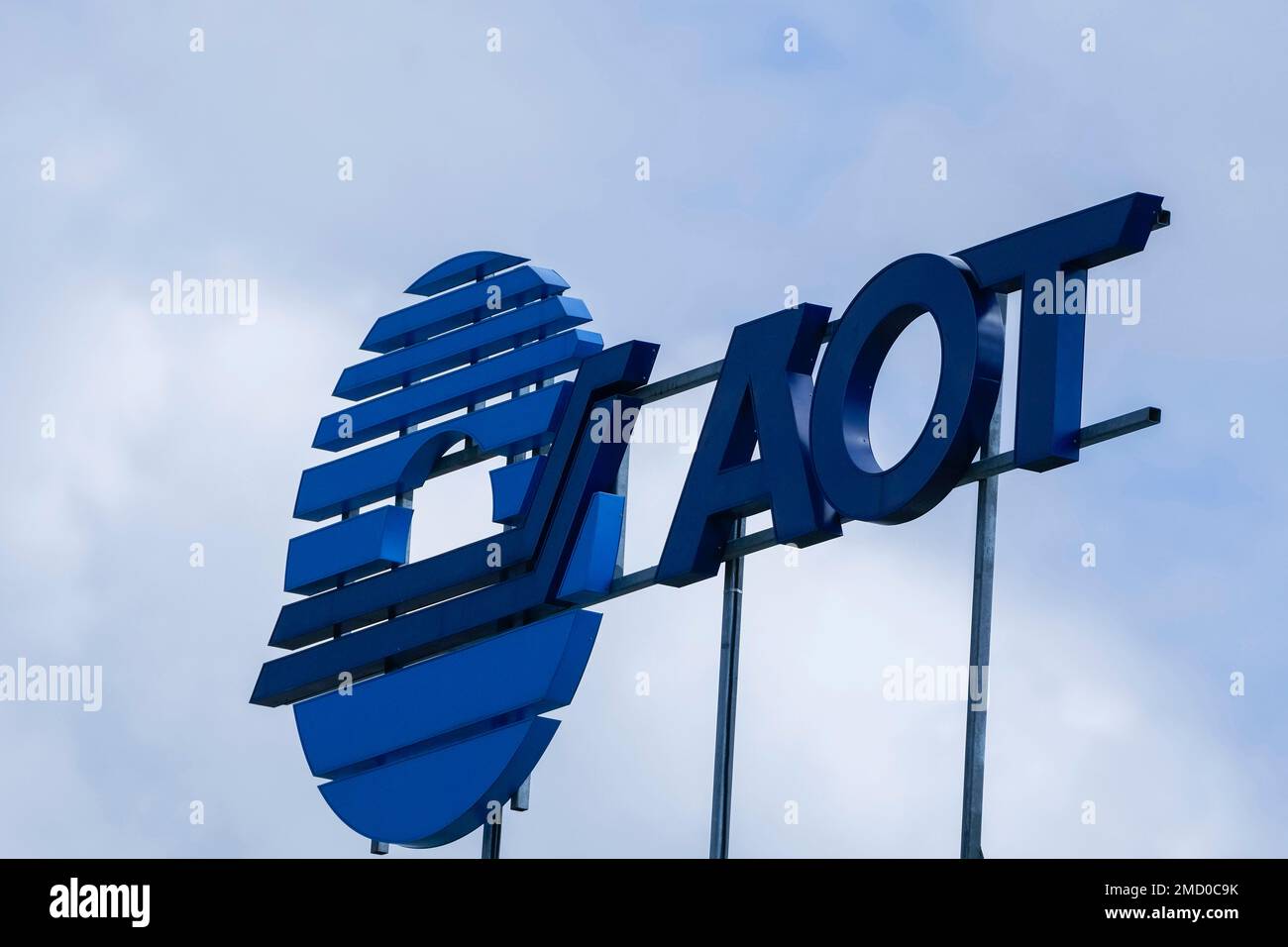 Airports of Thailand (AOT) logo display at Suvarnabhumi International ...