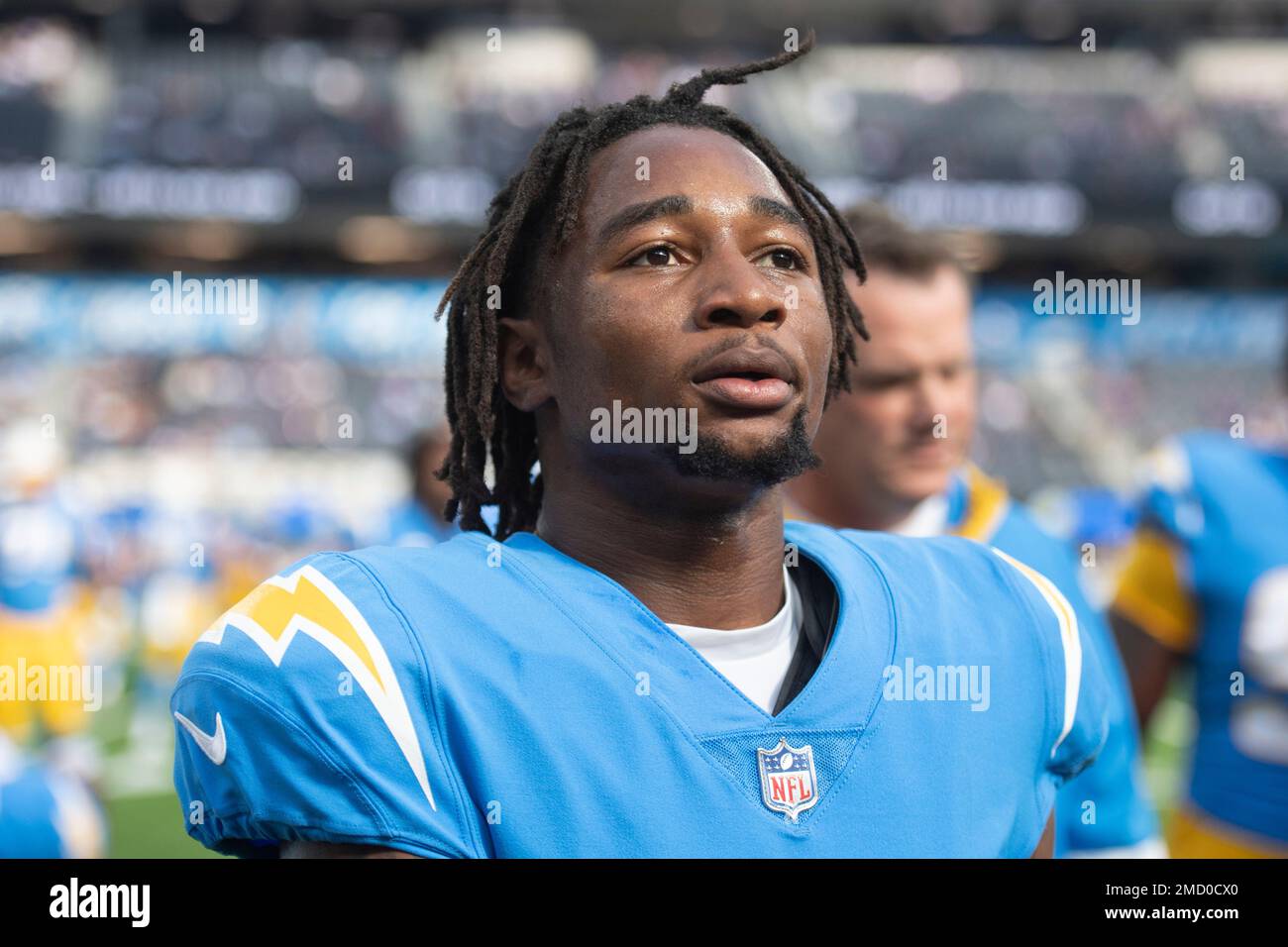 Los Angeles Chargers cornerback Asante Samuel Jr. (26) walks back to ...
