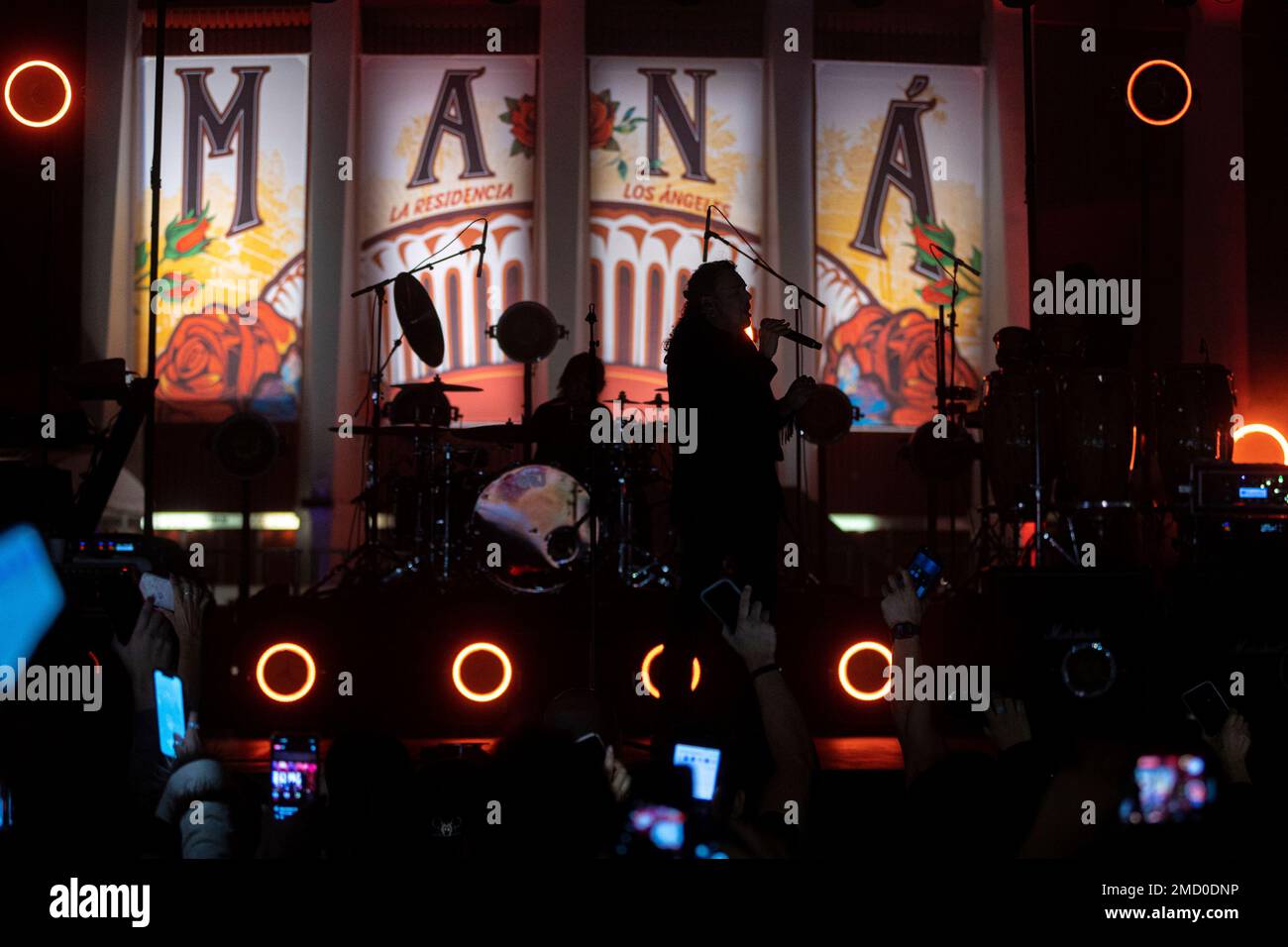 Mexican rock band Mana perform live on stage at the Los Angeles Forum ...