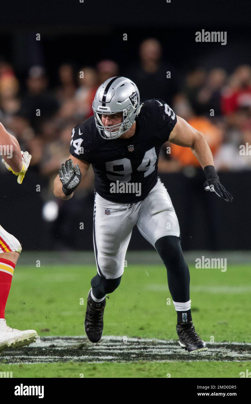 Las Vegas Raiders defensive end Carl Nassib (94) rushes against the Kansas City Chiefs during an ...