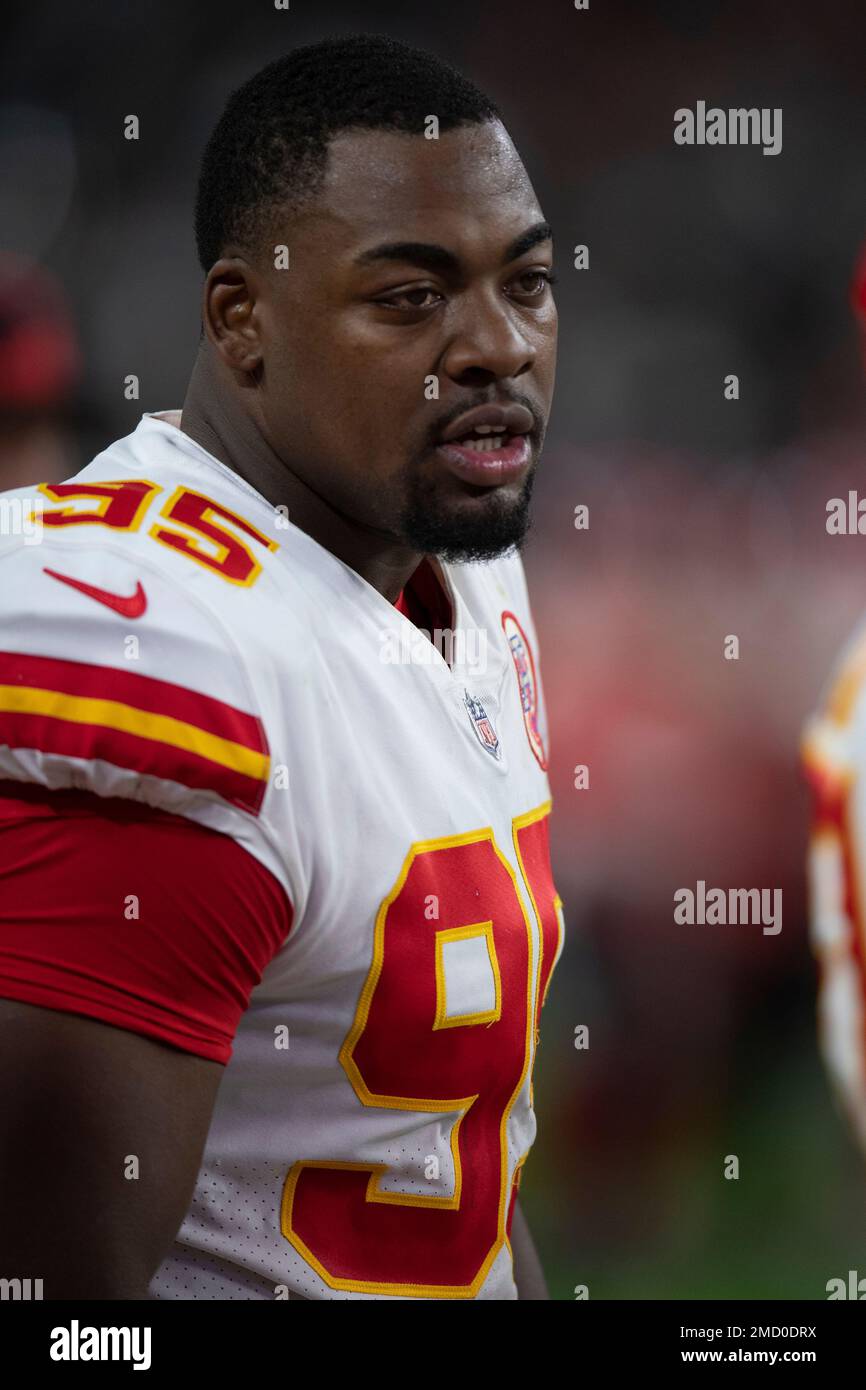 Kansas City Chiefs defensive end Chris Jones (95) with his helmet off ...