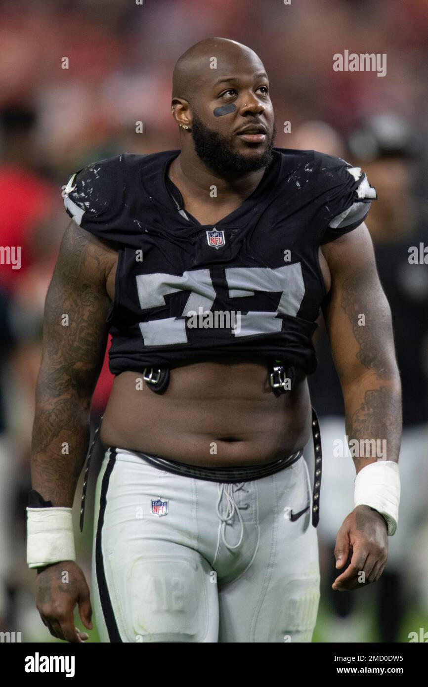 Las Vegas Raiders defensive tackle Quinton Jefferson (77) with his ...