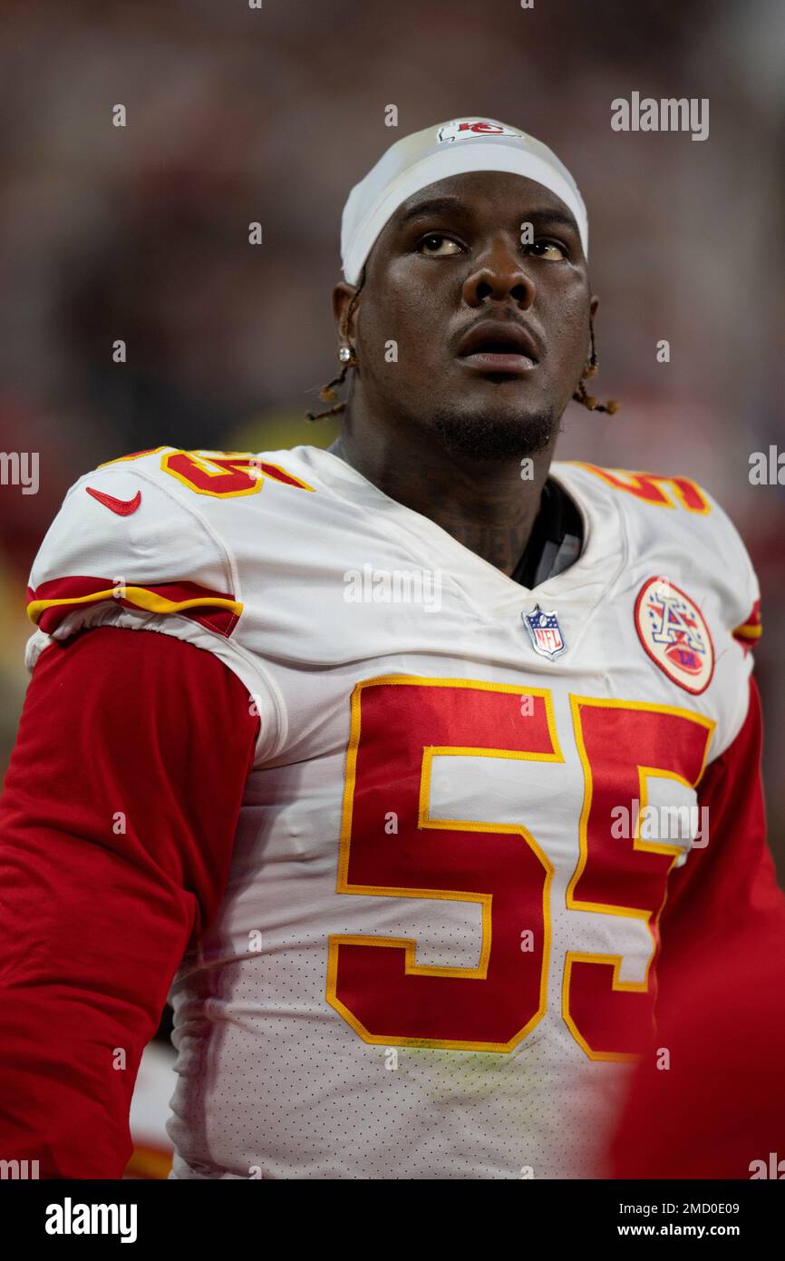 Kansas City Chiefs defensive end Frank Clark (55) with his helmet off ...