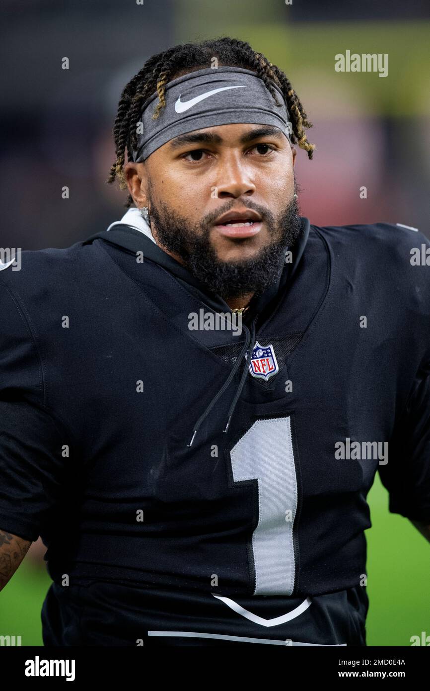 Las Vegas Raiders wide receiver DeSean Jackson (1) with his helmet off ...