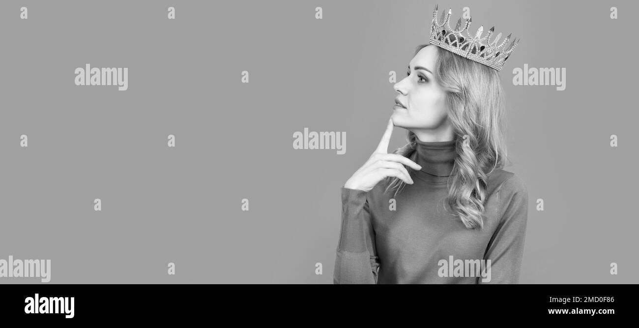 thinking blonde girl with curly hair wear crown, imagine. Woman ...