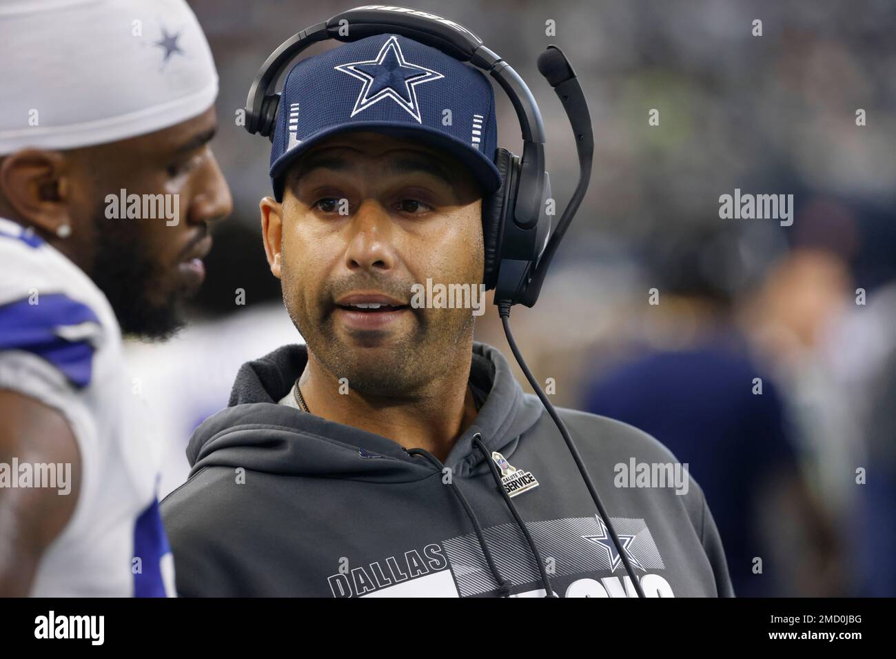 Dallas Cowboys defensive line coach Aden Durde works with defensive end ...