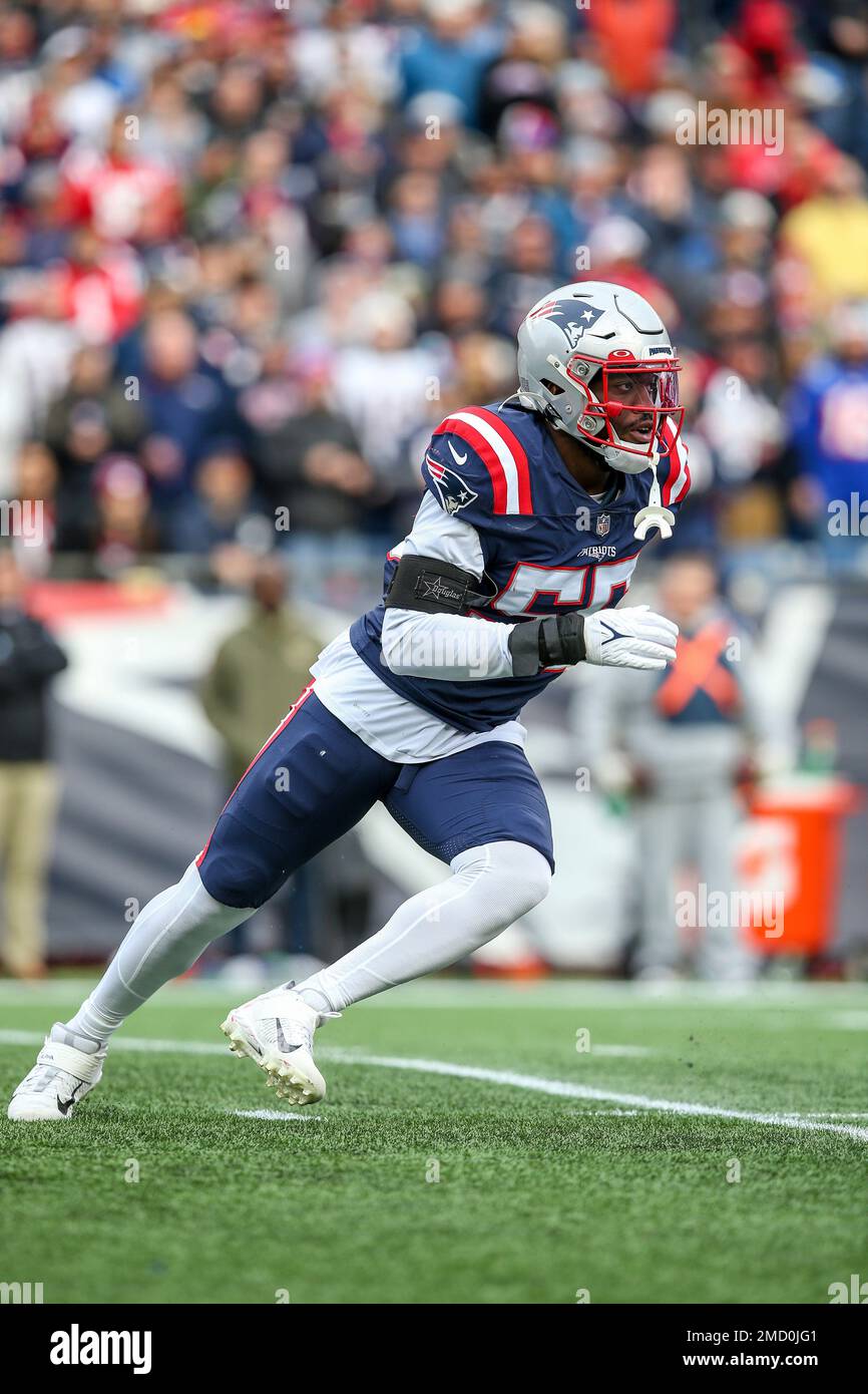 New England Patriots linebacker Josh Uche (55) defends during the first ...