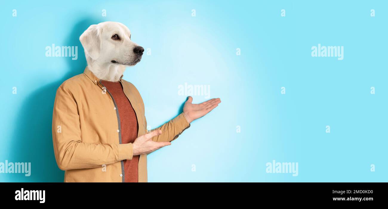 Man With Dog Head Gesturing Pointing Aside Over Blue Background Stock ...