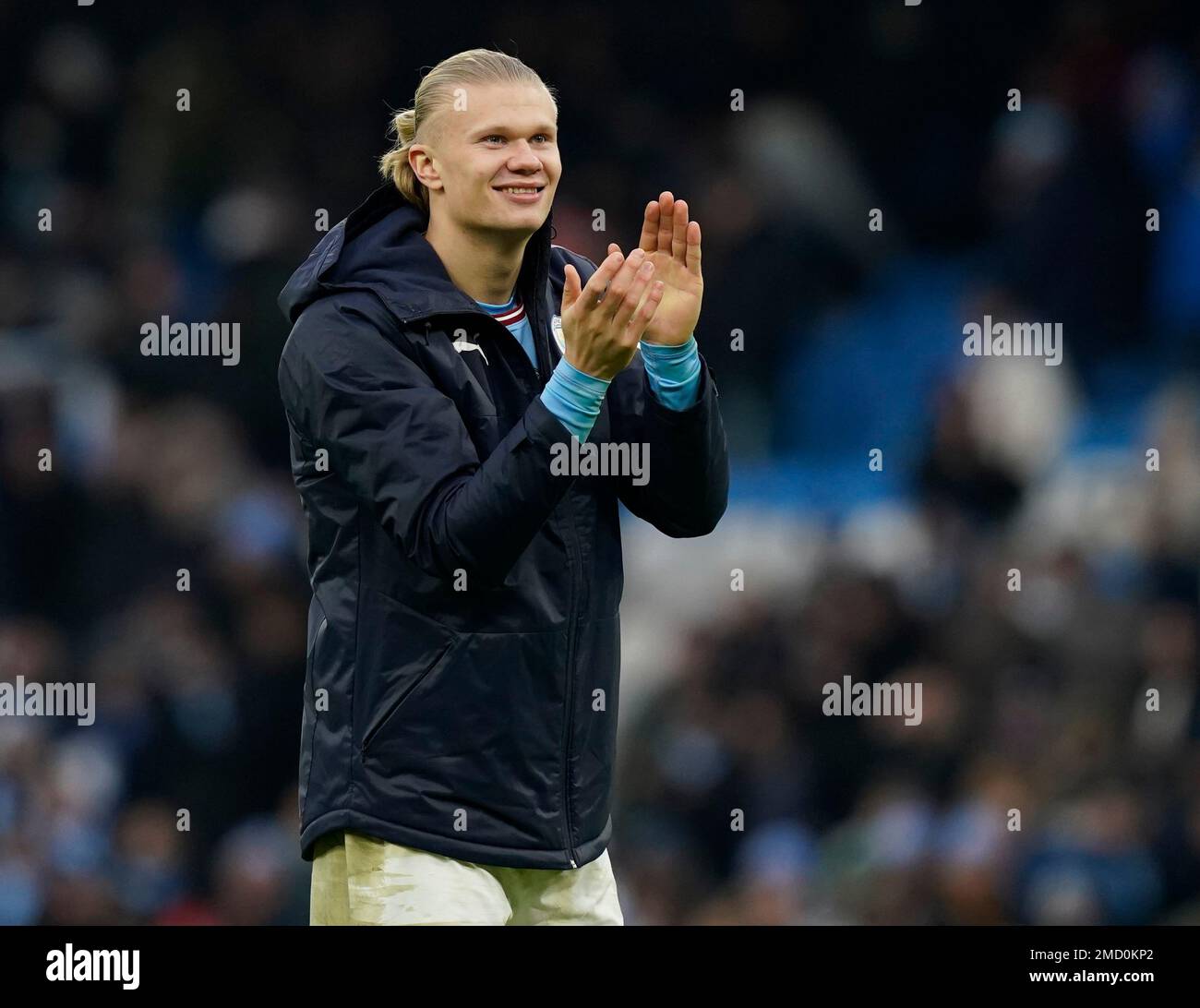Manchester, UK. 22nd Jan, 2023. A smiling Erling Haaland of Manchester ...