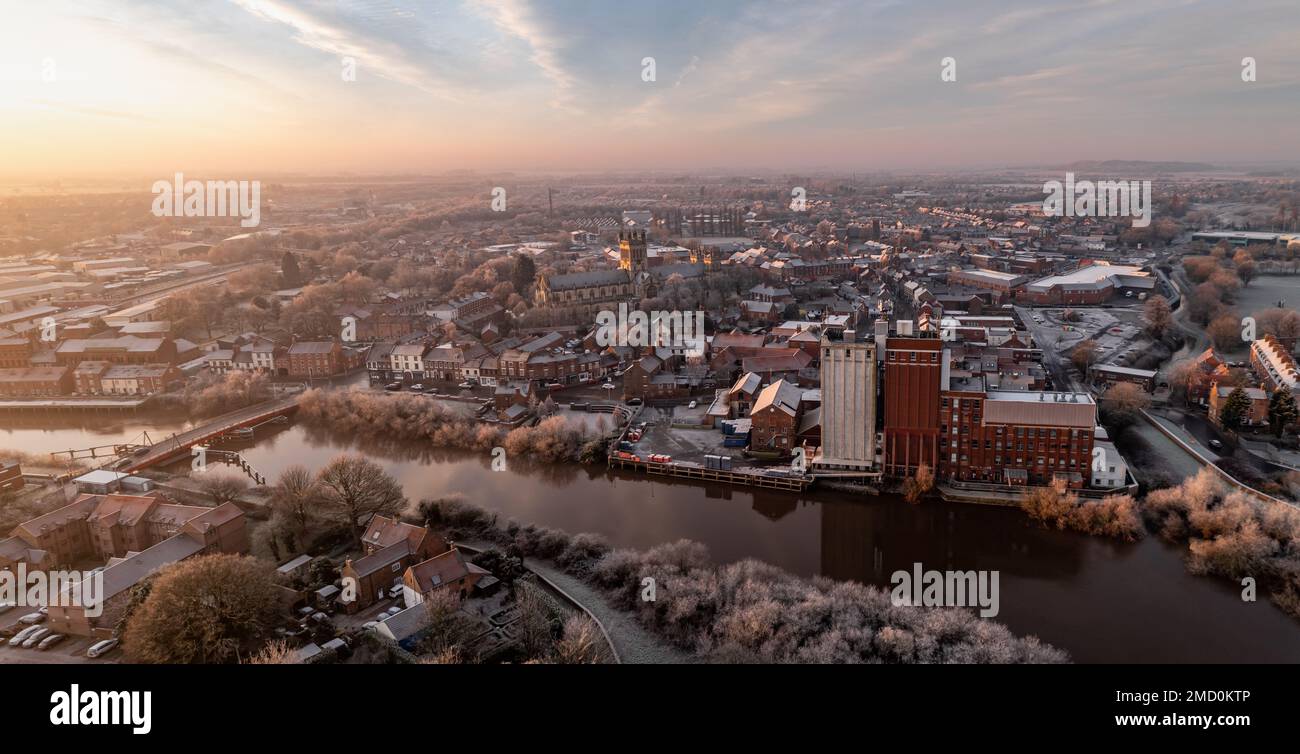 An aerial view of the North Yorkshire market town of Selby with bridge ...