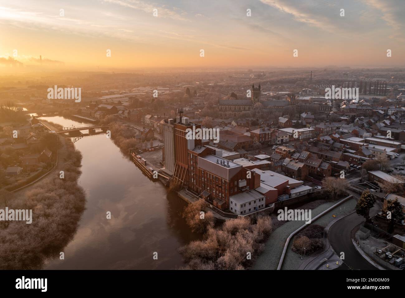 An aerial view of the North Yorkshire market town of Selby with bridge ...