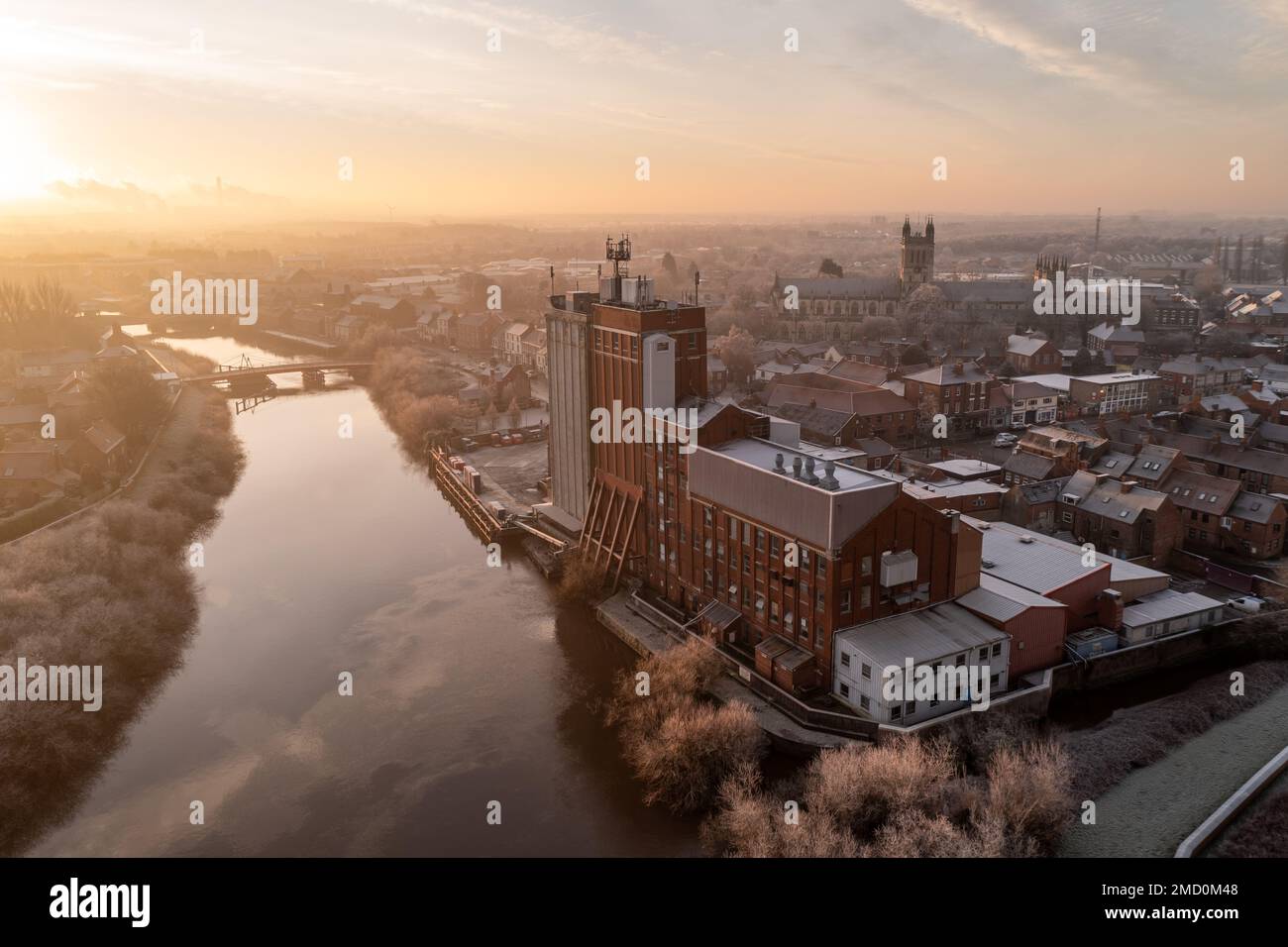 An aerial view of the North Yorkshire market town of Selby with bridge ...