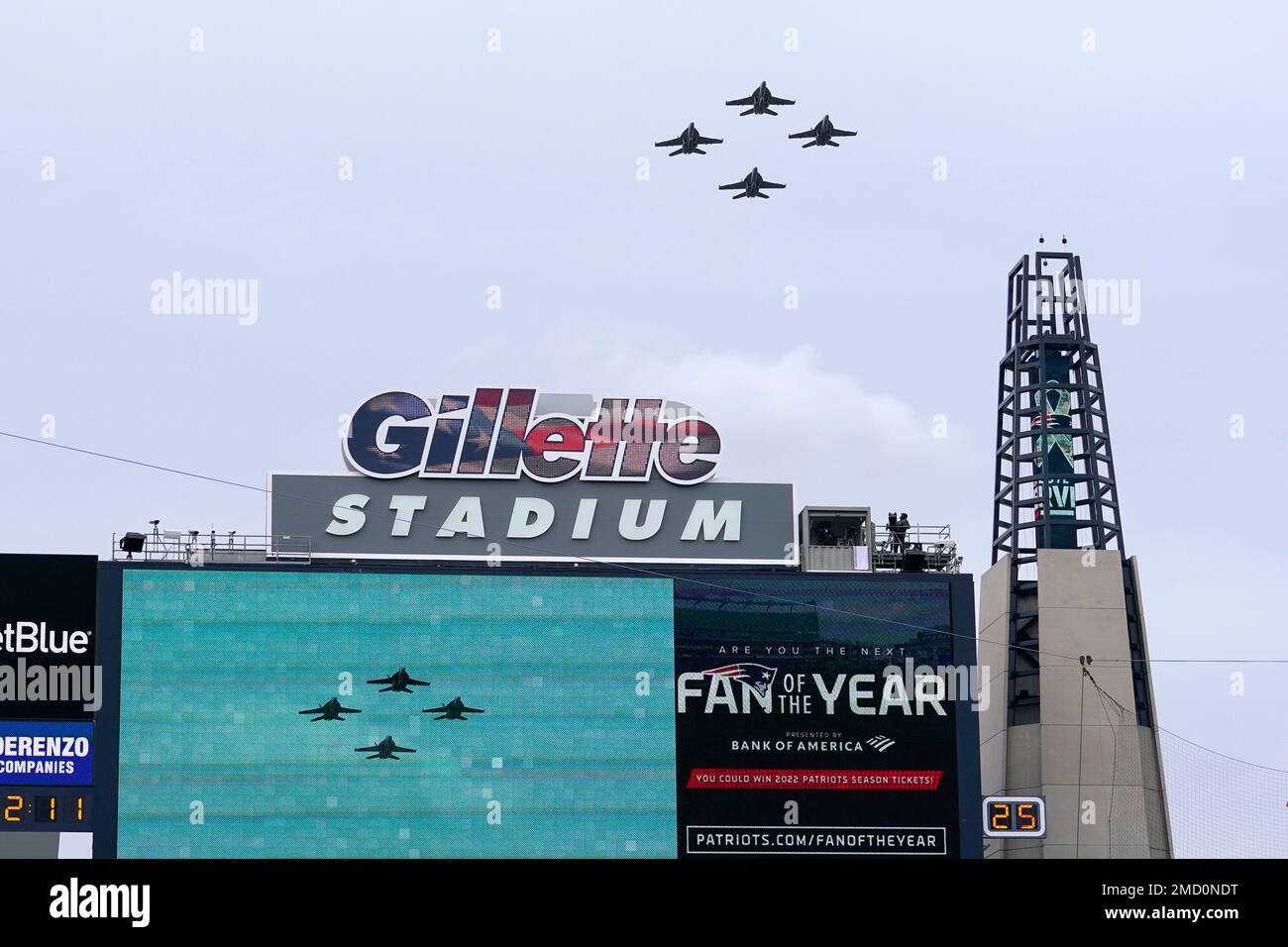 Military jets fly over Gillette Stadium prior to an NFL football game ...