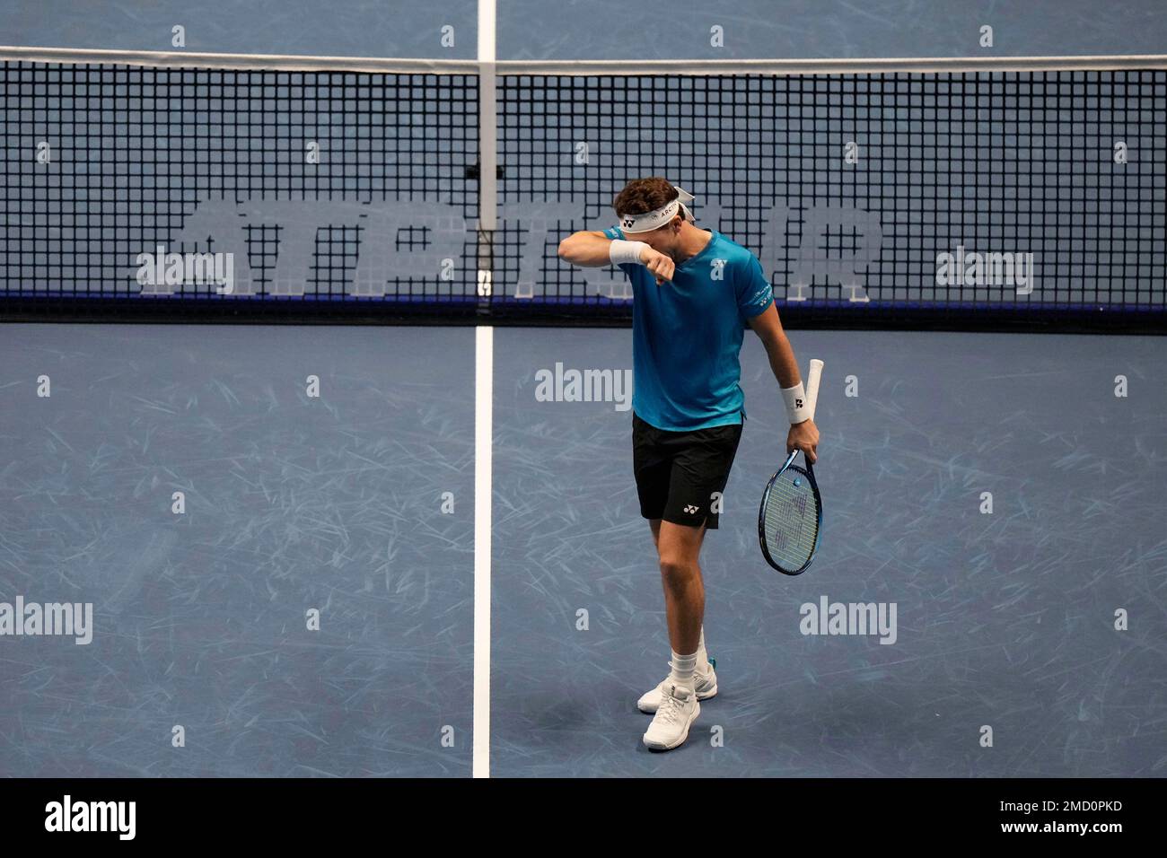 Norways' Casper Ruud gesturesas he plays Serbia's Novak Djokovic during ...