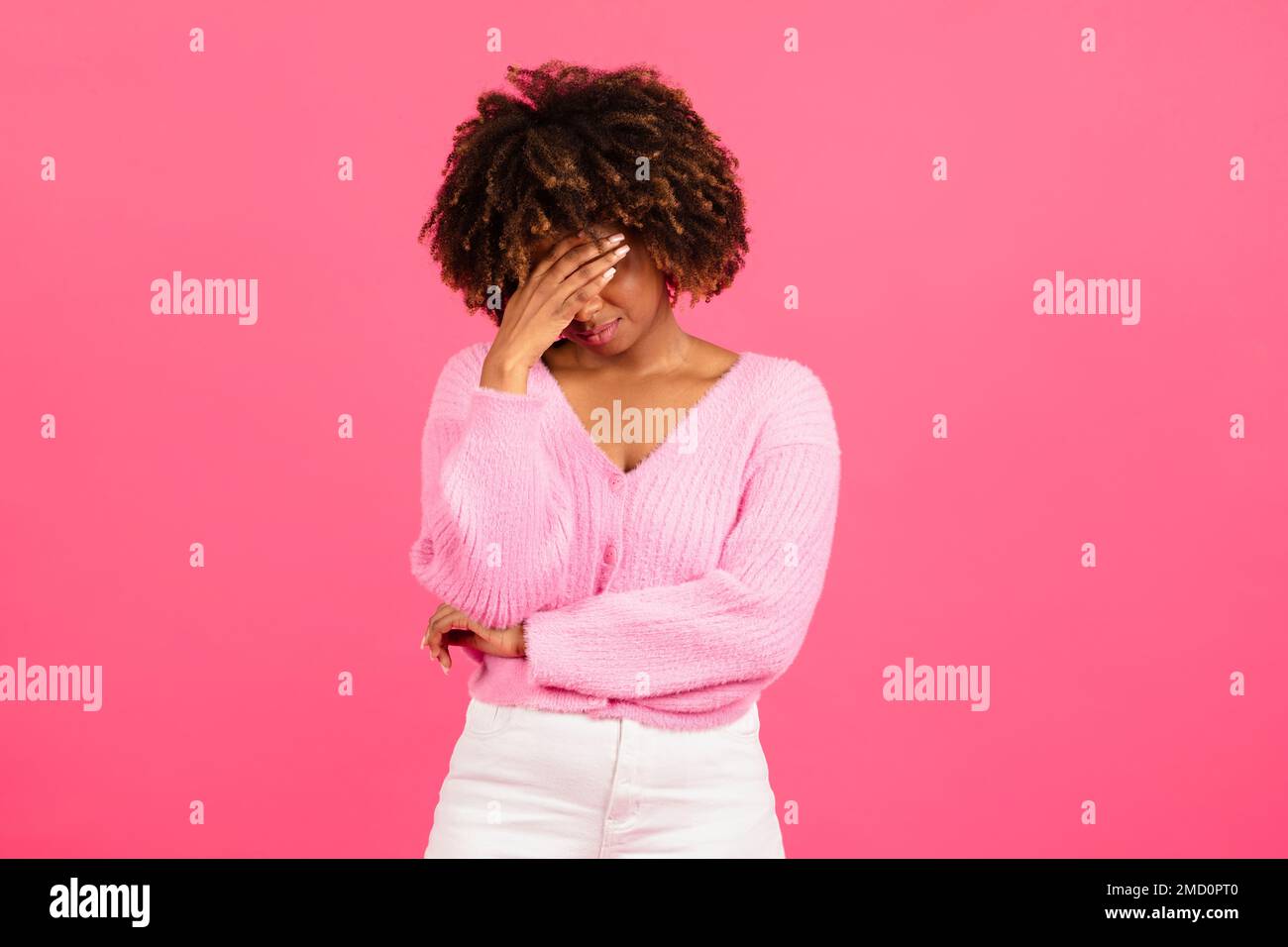 Despaired sad millennial african american curly woman in casual ...