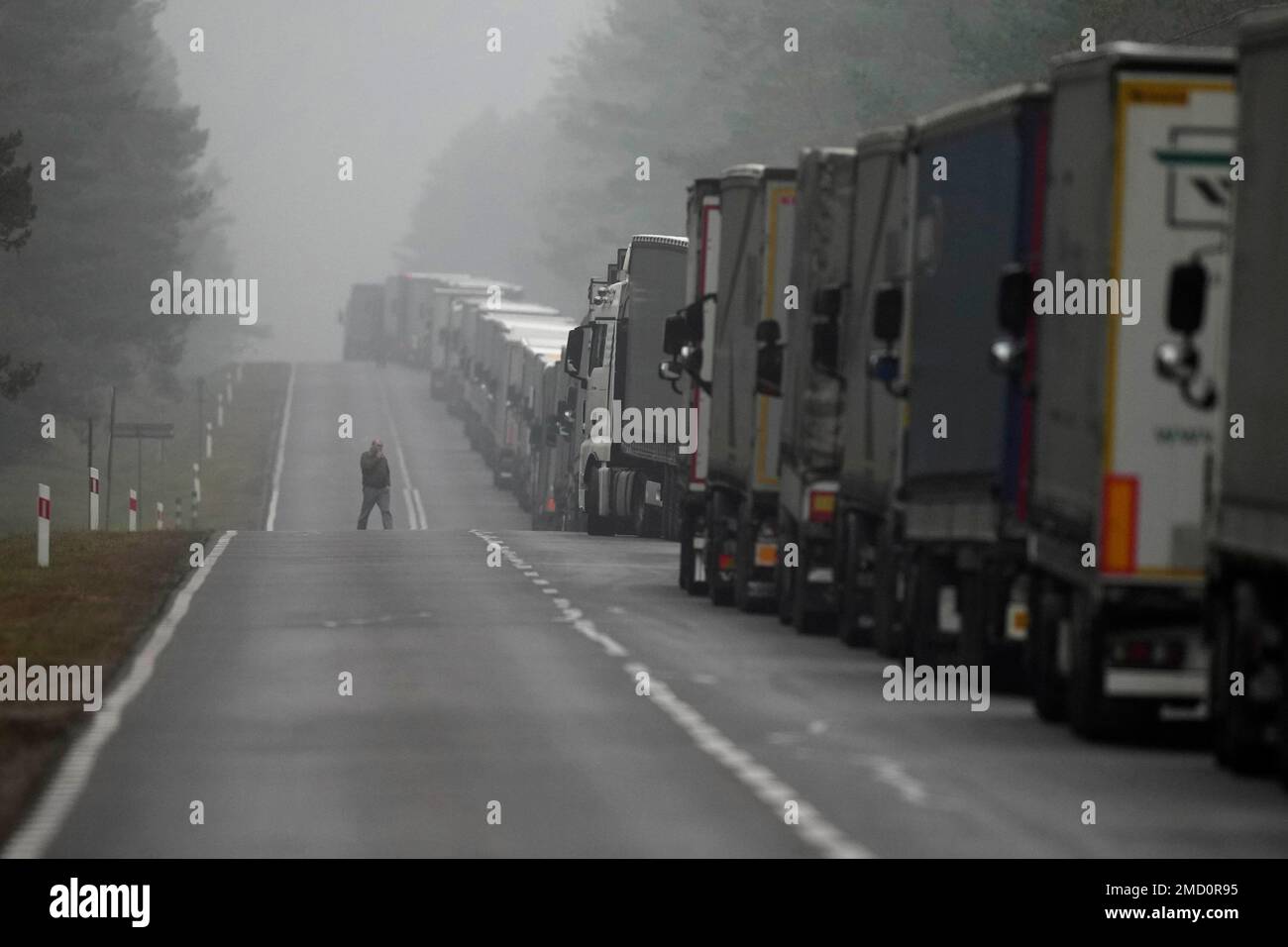 Trucks queue at motorway 65 on their way to the Polish-Belarusian ...