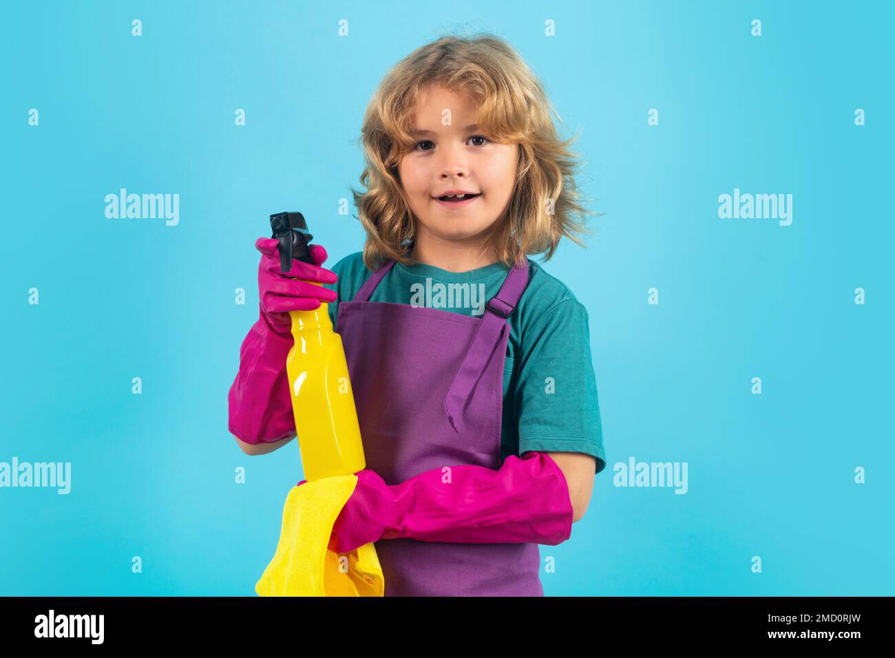 Kid helping with housework, cleaning the house. Cleaning accessory ...