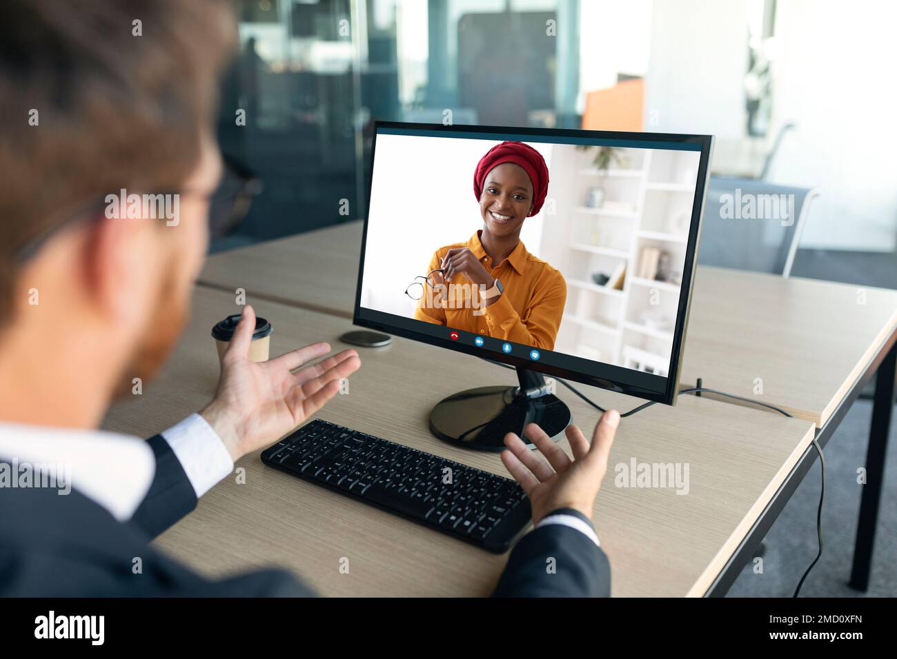 Online meeting concept. Male entrepreneur having video call with ...