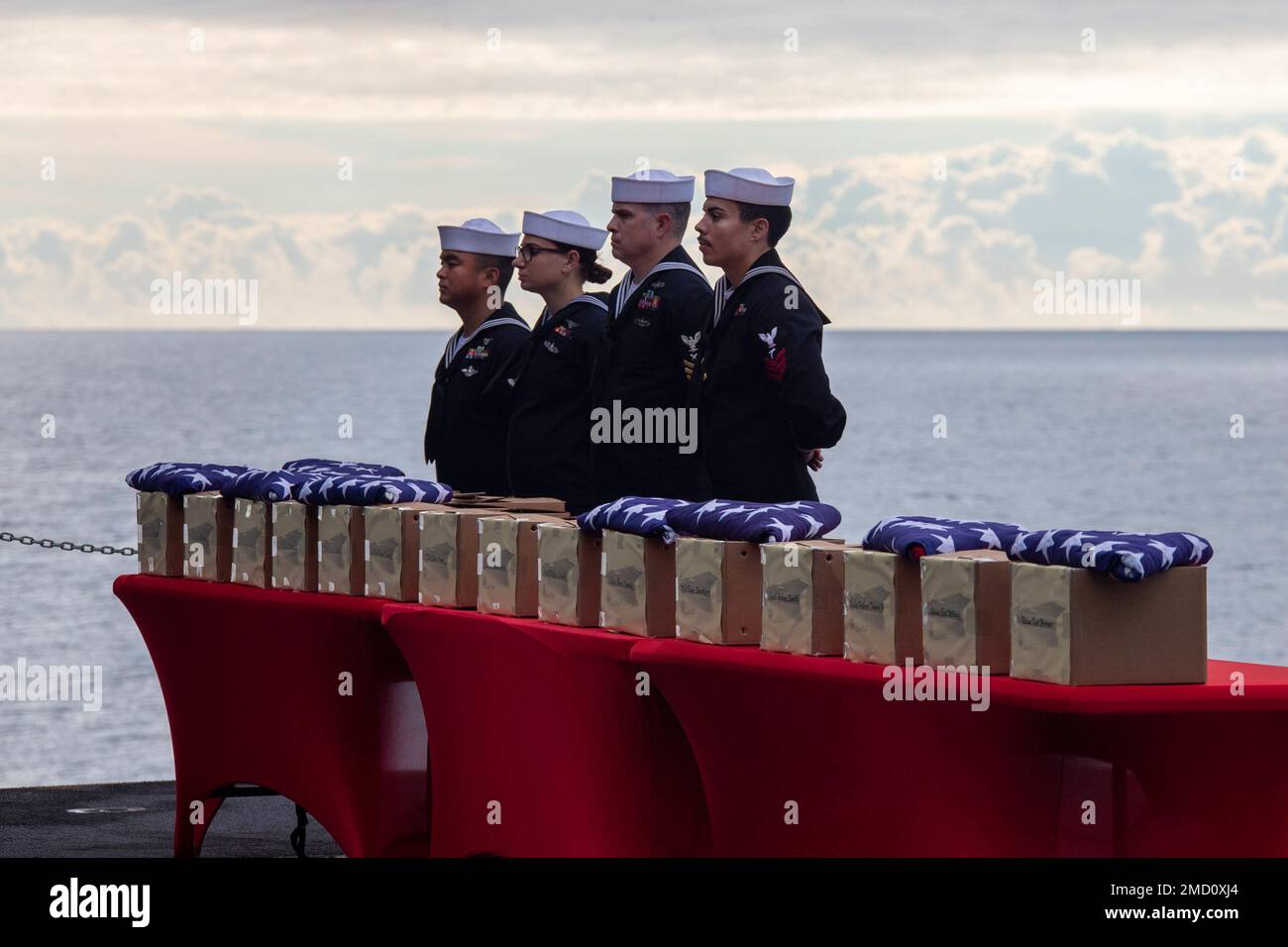 USS Gerald R. Ford’s (CVN 78) burial detail stand at parade rest prior ...