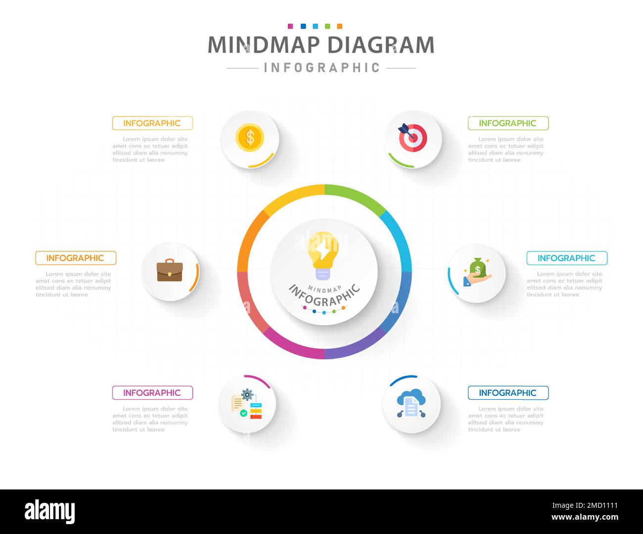 Infographic template for business. 6 Steps Modern Mindmap diagram with circles and topic titles ...