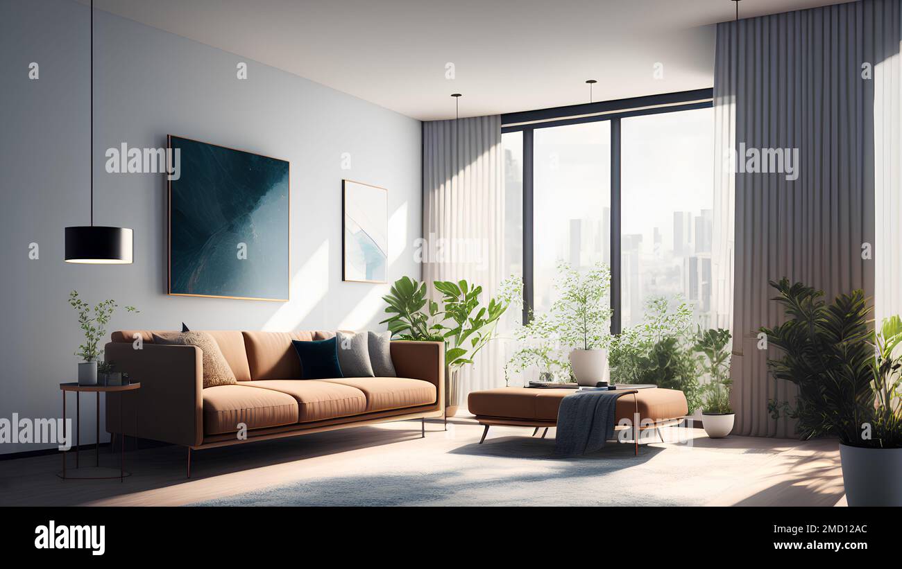 Spacious simple living room interior with brown sofa and big poster ...