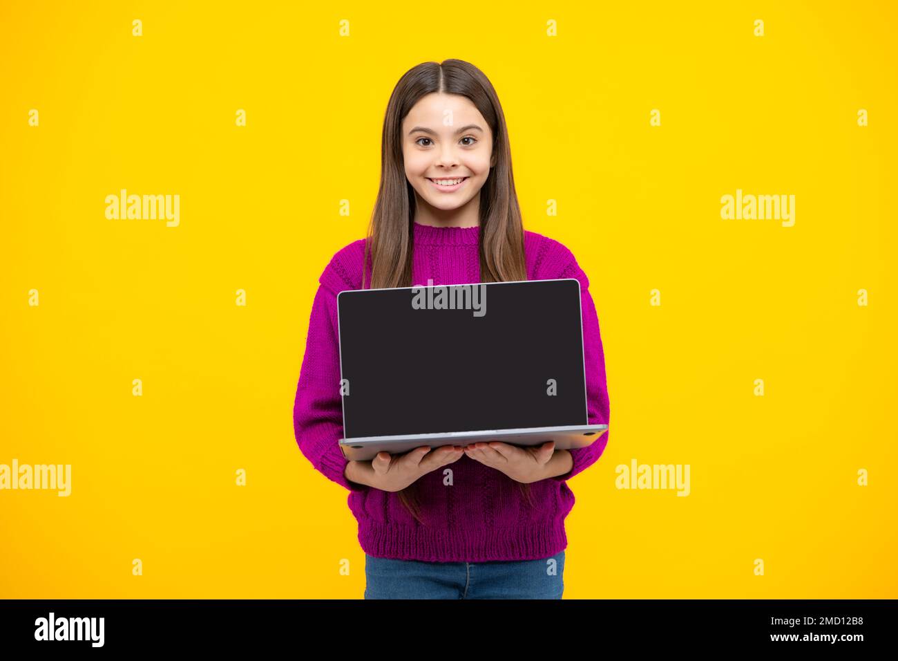 Screen of laptop computer with copy space mockup. Young girl student ...