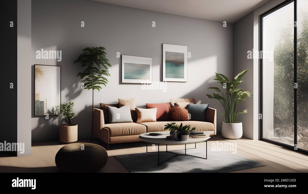 Living room furniture in modern interior with poster, sofa and table ...