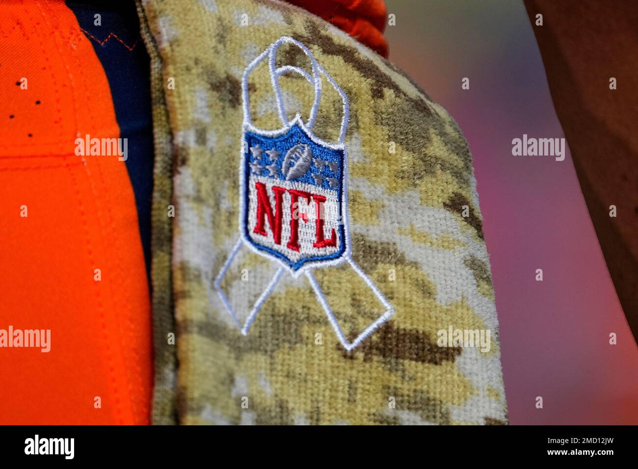 The NFL Salute to Service logo is shown on a towel prior to an NFL ...