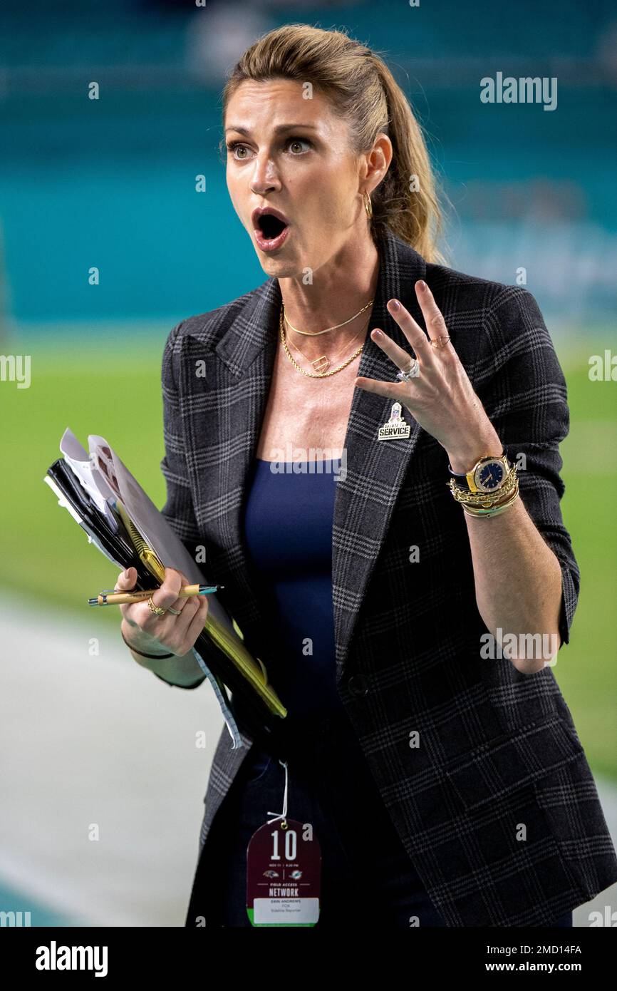 NFL Network sideline reporter Erin Andrews reacts before the start of ...