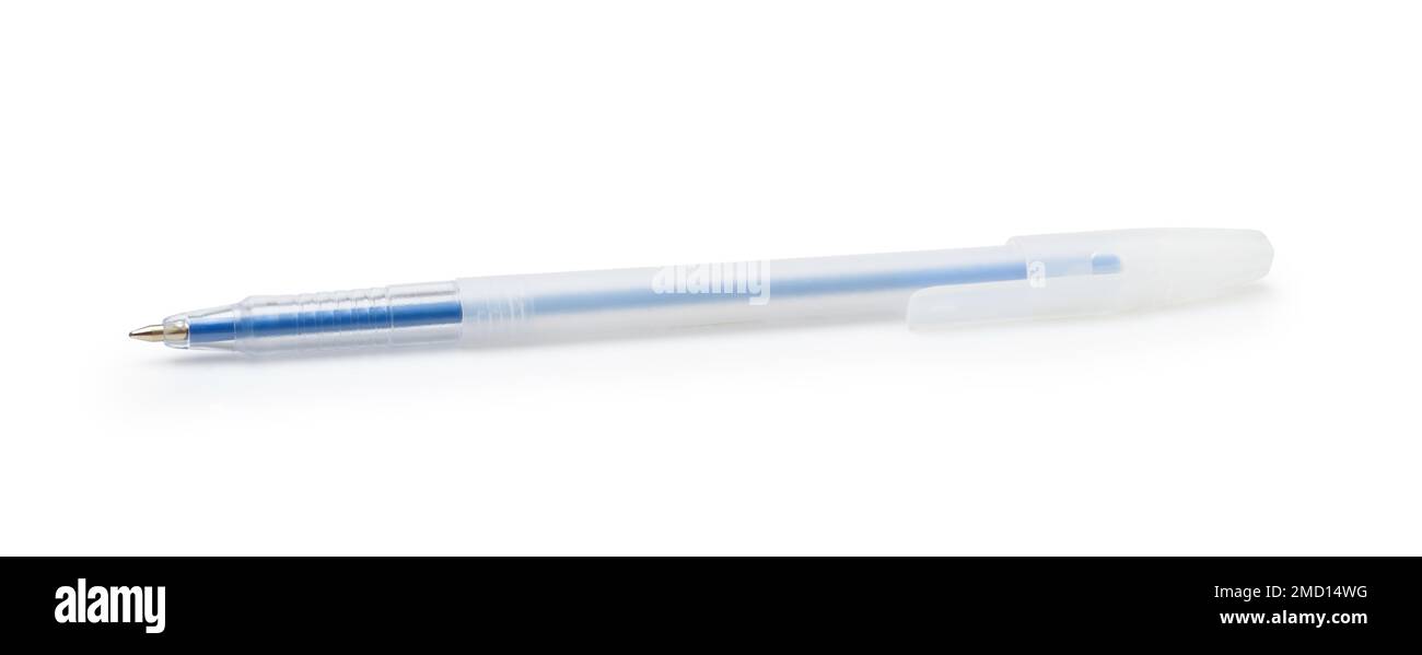 Blue plastic ballpoint pen isolated on white Stock Photo - Alamy