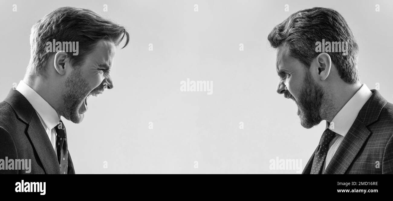 Man face portrait, banner with copy space. arguing businesspeople ...