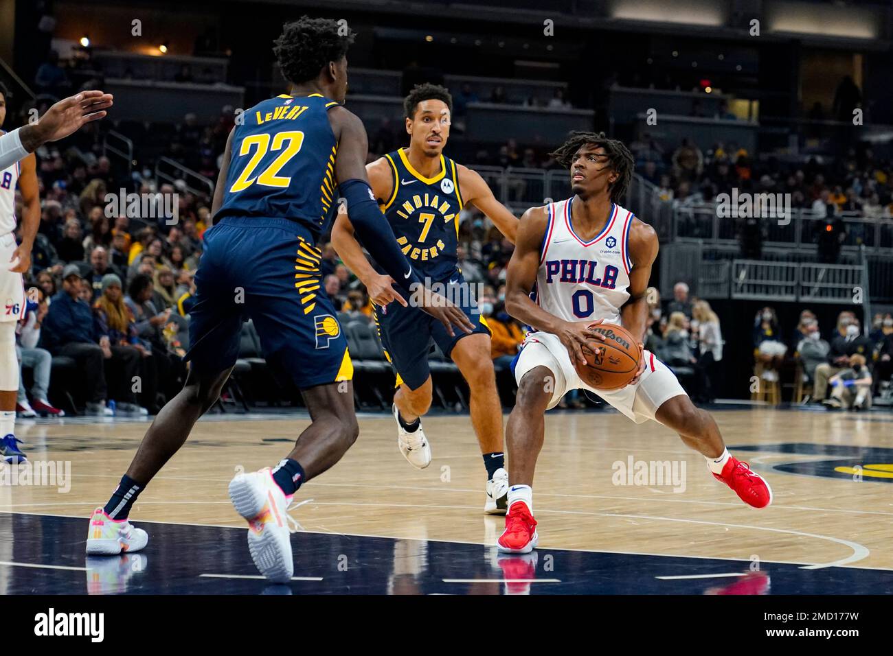 Philadelphia 76ers guard Tyrese Maxey (0) drives on Indiana Pacers ...