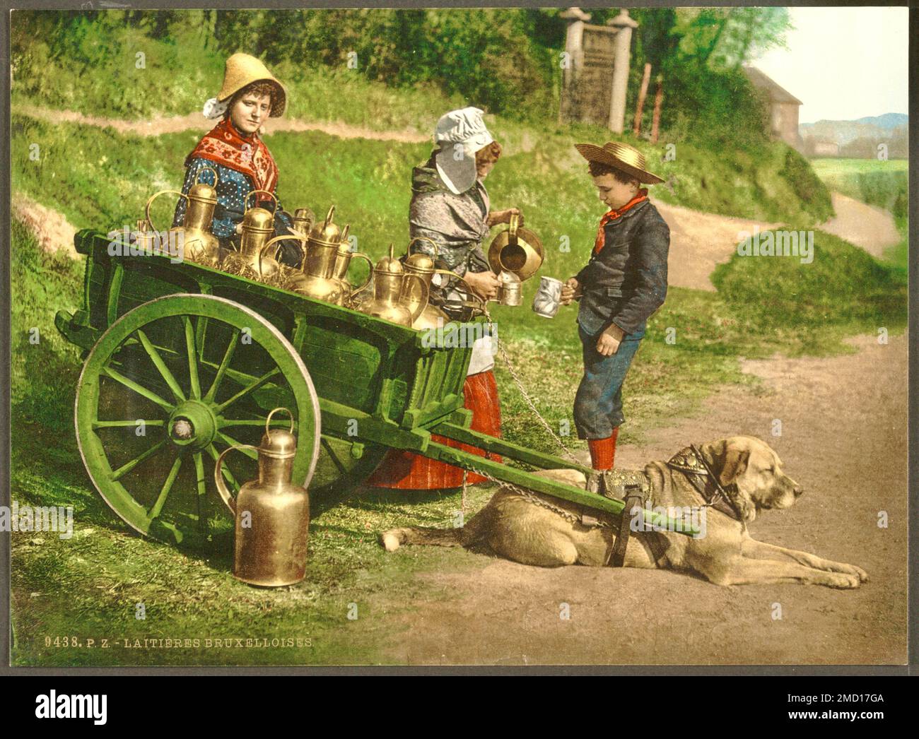 Milk Sellers in Belgium - Rural scene with milk maid pouring milk for ...