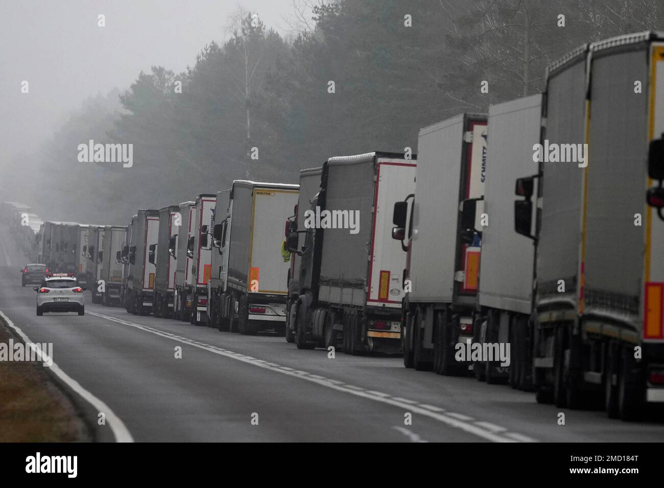 Trucks queue at motorway 65 on their way to the Polish-Belarusian ...