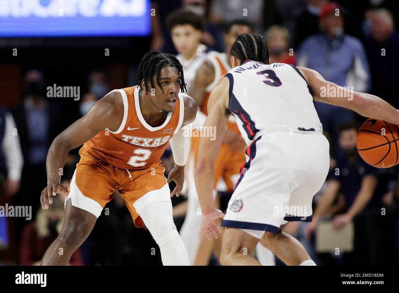Texas guard Marcus Carr (2) defends Gonzaga guard Andrew Nembhard (3 ...