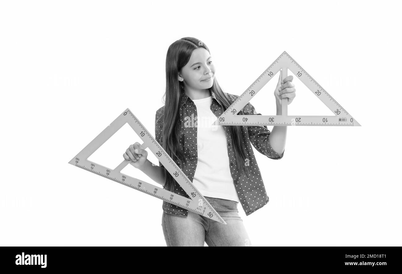 happy child hold triangle ruler study mathematics at school isolated on ...