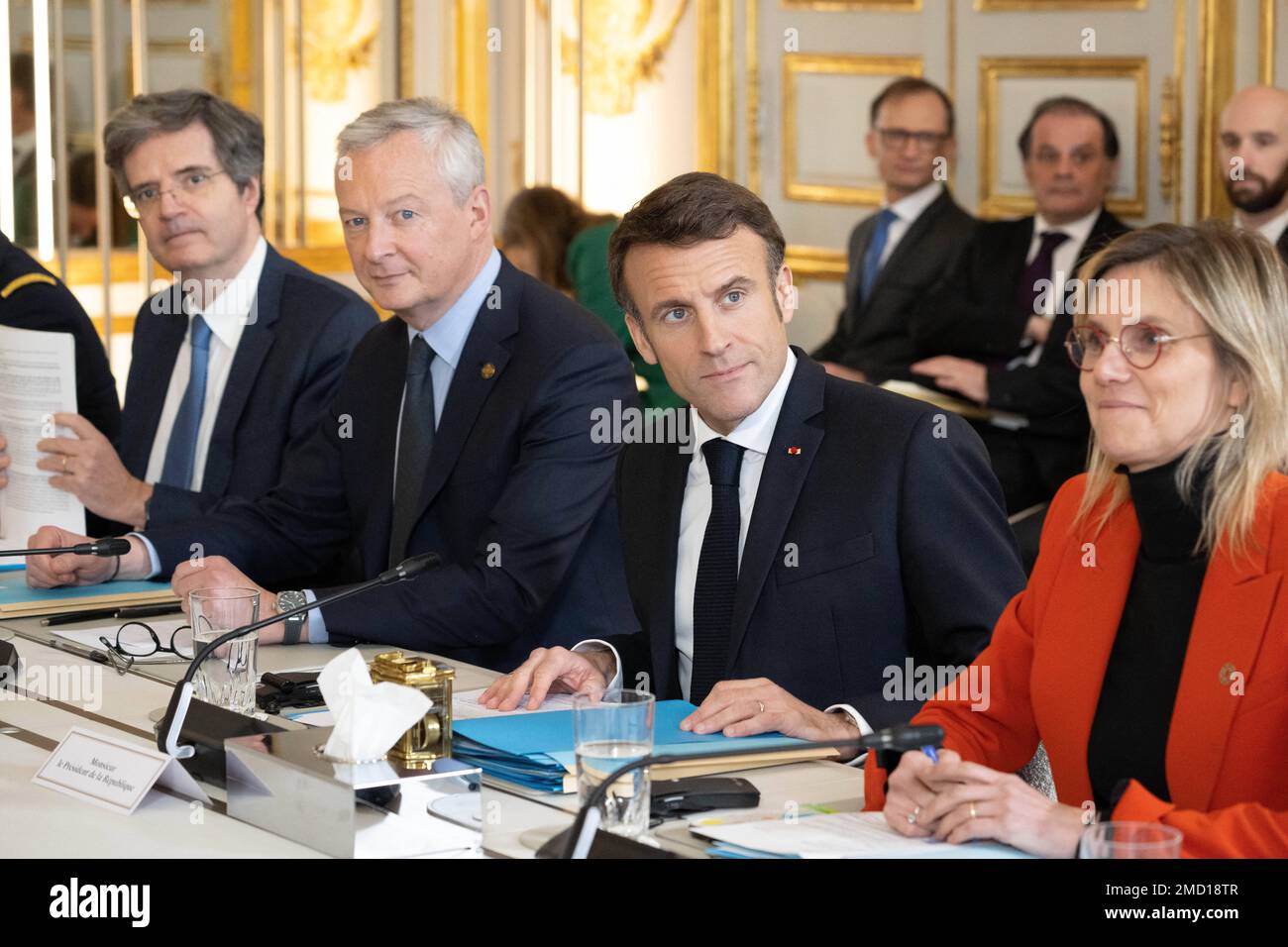 Francois Delattre, Bruno Le Maire, Emmanuel Macron, and Agnes Pannier ...