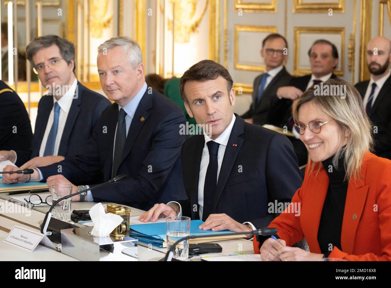 Francois Delattre, Bruno Le Maire, Emmanuel Macron, and Agnes Pannier ...