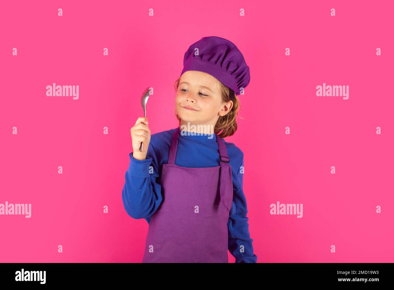 Child cook hold spoon. Cooking children. Chef kid boy making healthy ...