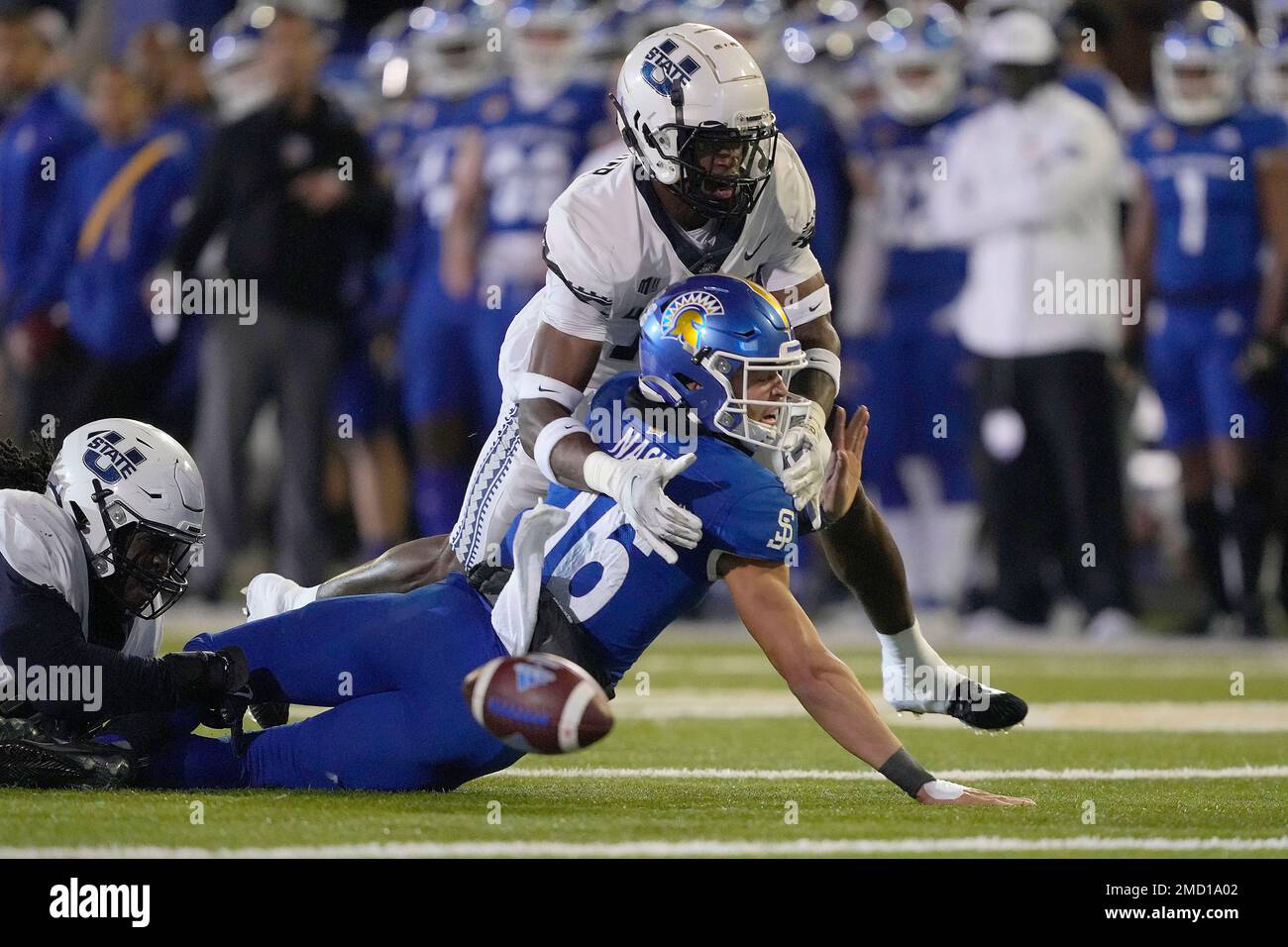 San Jose State quarterback Nick Nash (16) fumbles the ball as he is hit ...