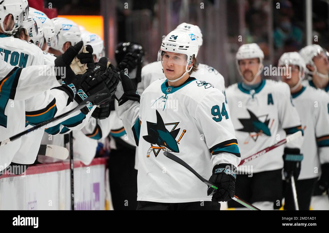 San Jose Sharks left wing Alexander Barabanov is congratulated as he ...