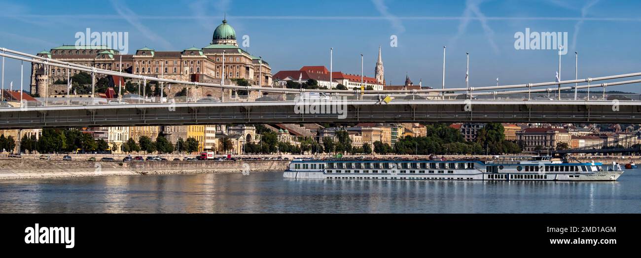 BUDAPEST, HUNGARY - JULY 16, 2019: Panorama view along the Danube River ...