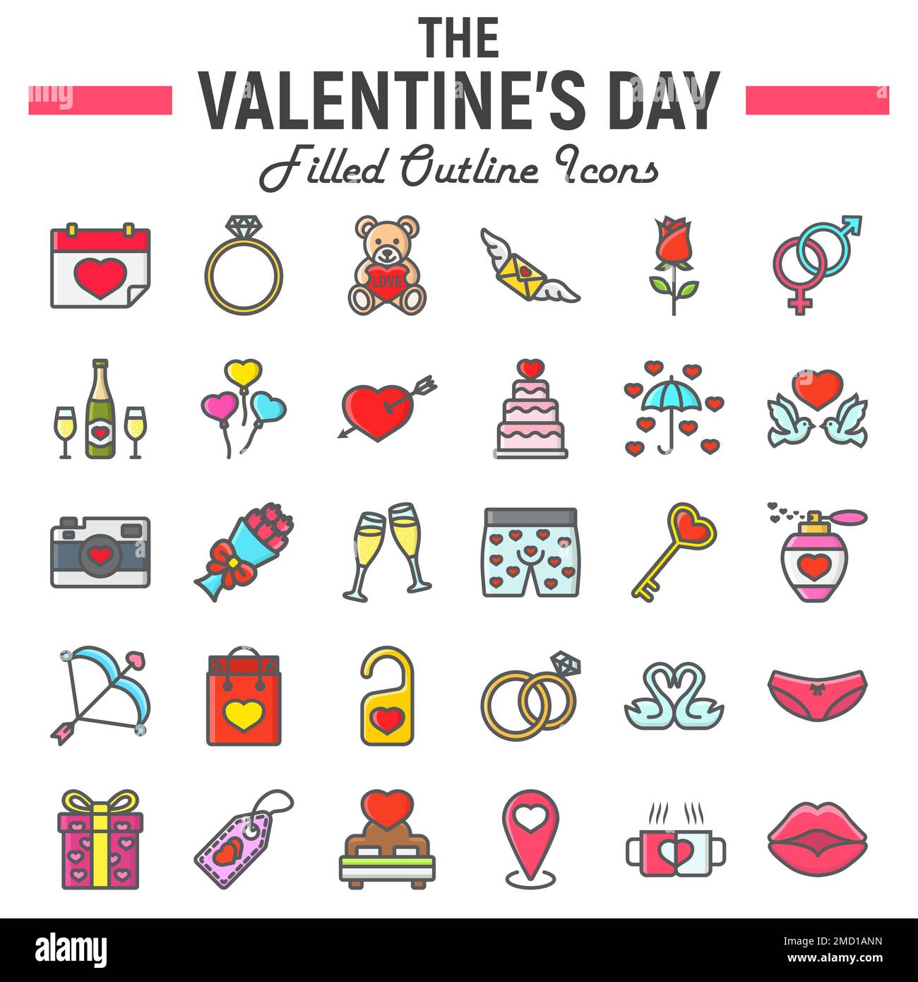 Happy Valentines Day filled outline icon set, holiday symbols ...