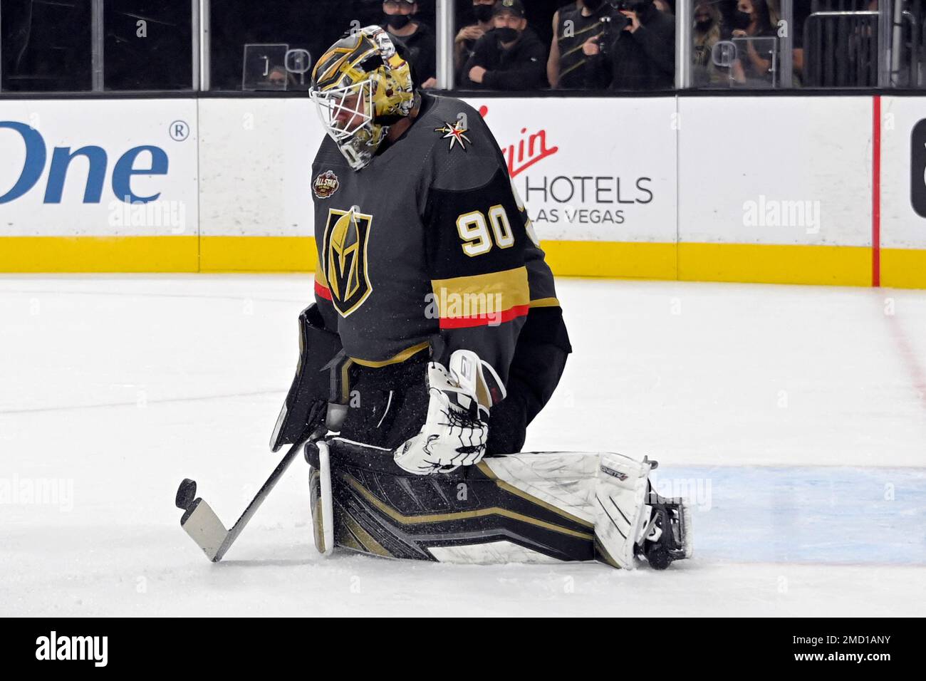 Vegas Golden Knights goaltender Robin Lehner deflects the puck during ...